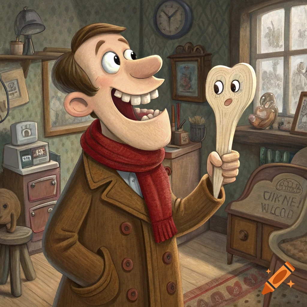 Tom Gulley in Wallace and Gromit style with a wooden tooth on Craiyon
