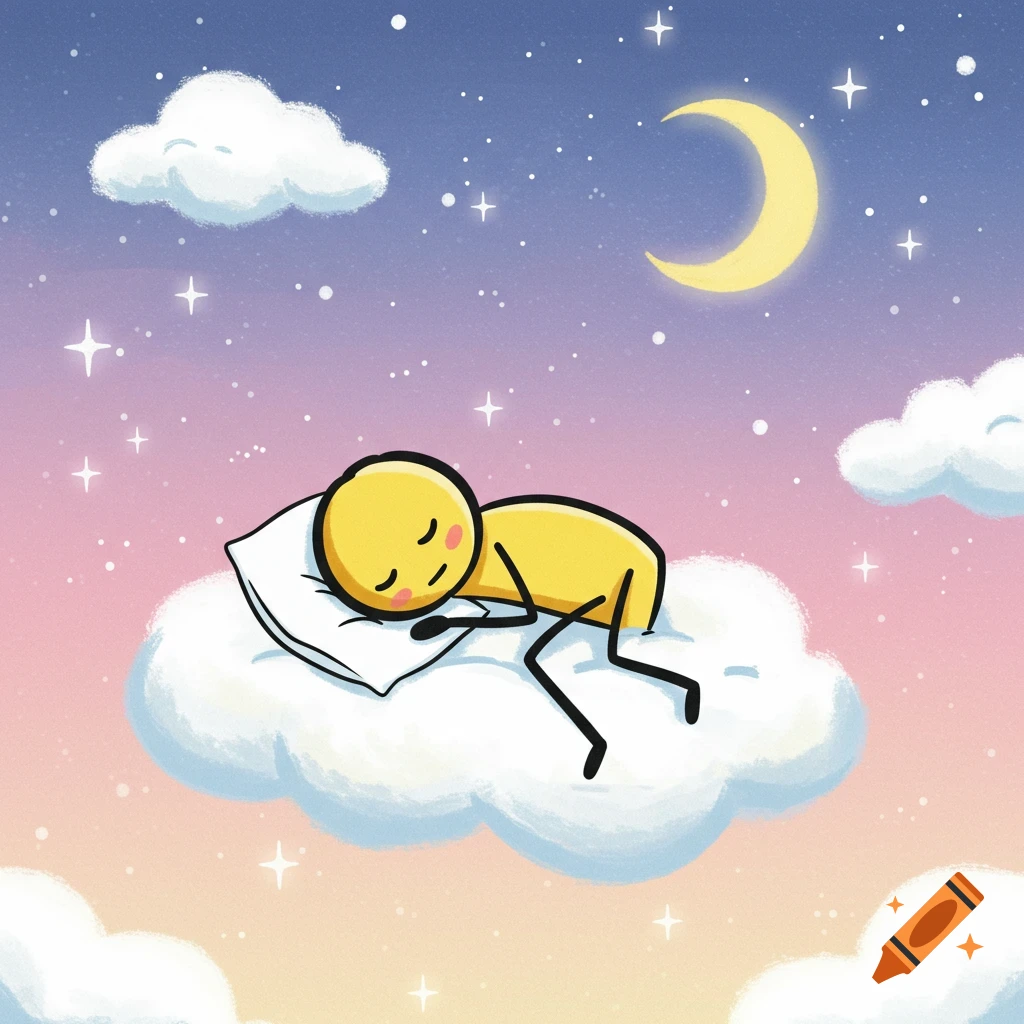 Cartoon stick figure sleeping on a cloud in a starry night sky. on Craiyon