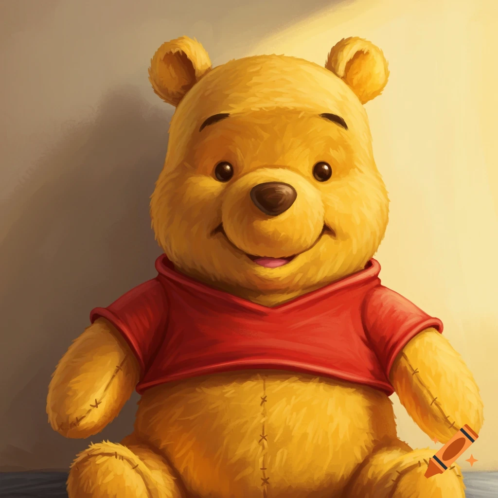 Illustration of a plush Winnie the Pooh sitting and smiling. on Craiyon