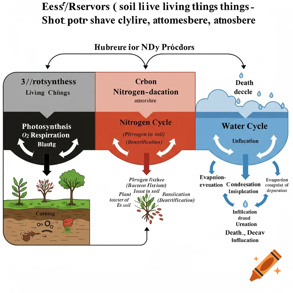 Diagram illustrating carbon, nitrogen, and water cycles with common ...