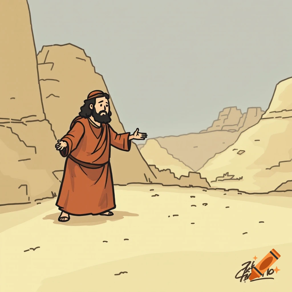 Cartoon man in robes in a desert landscape with outstretched hands. on ...