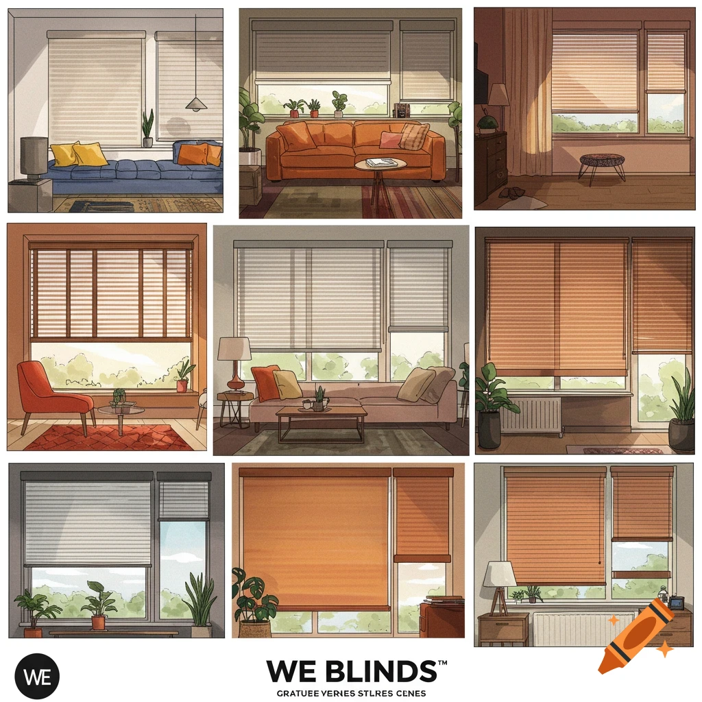 Grid of illustrations showing various home interior scenes with ...