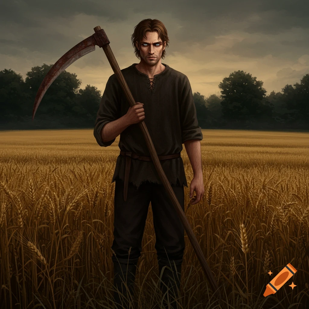 A fantasy illustration of a man with a scythe standing in a golden ...