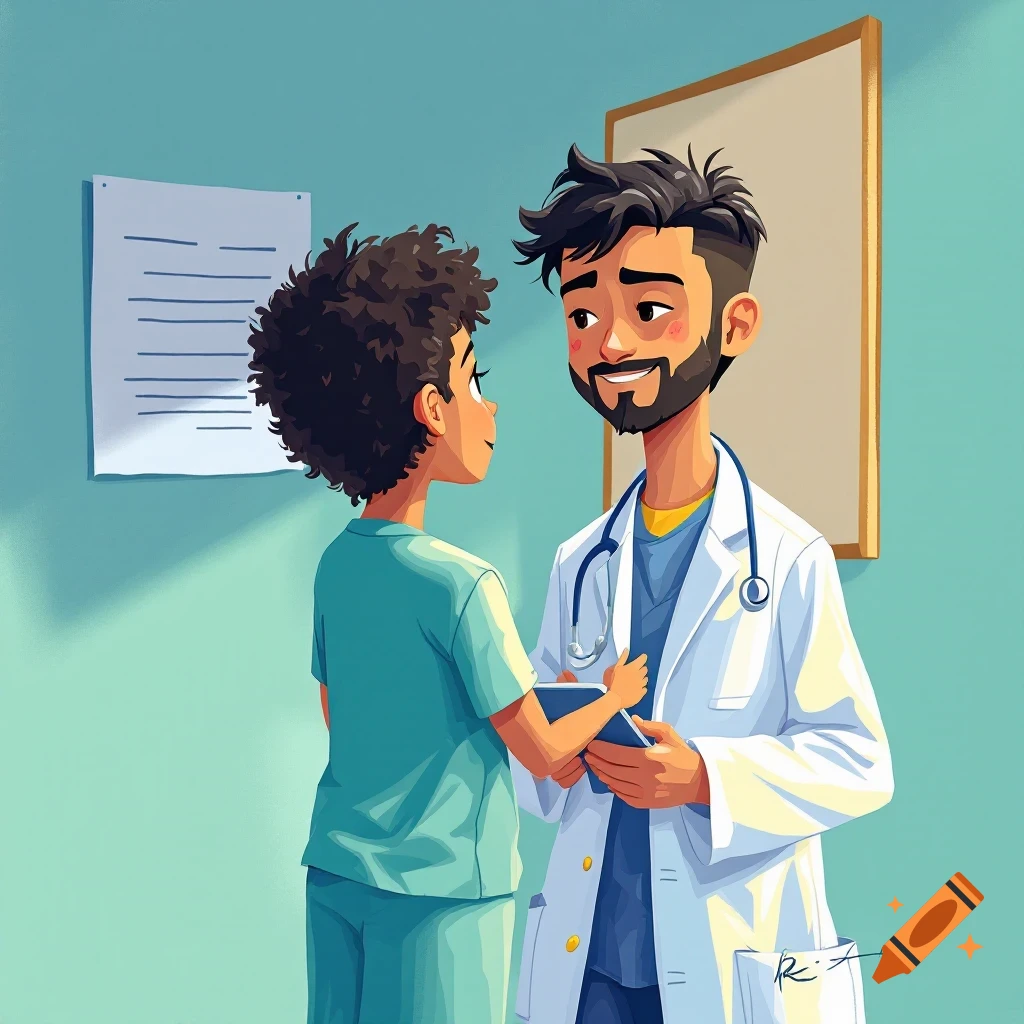 Cartoon illustration of an Asian doctor on a purple book cover with ...