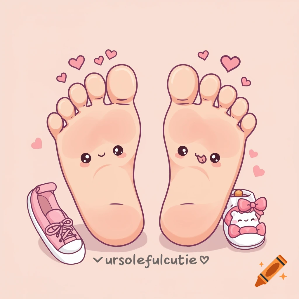 Cute illustration of two cartoon feet with faces, hearts, a pink ...