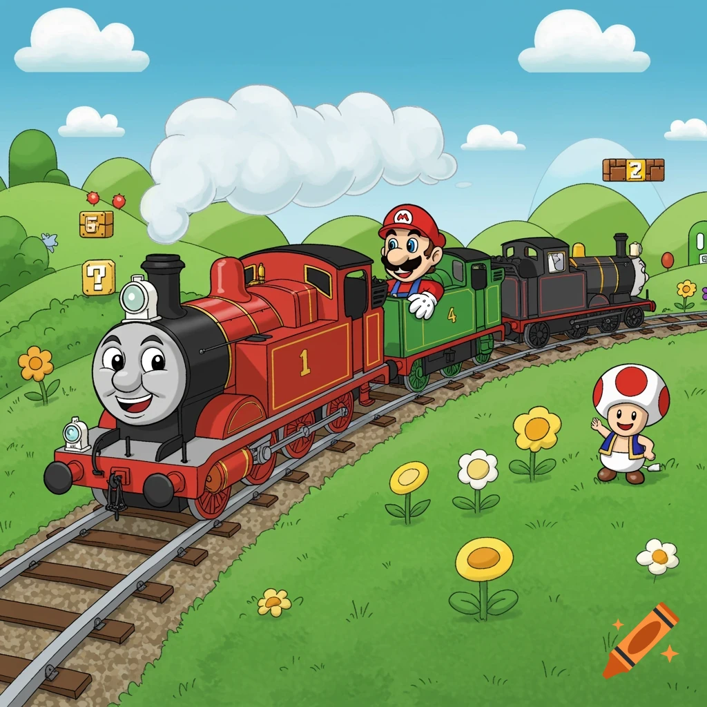 Cartoon of Thomas the Tank Engine working on a computer in an office, surrounded by stick ...