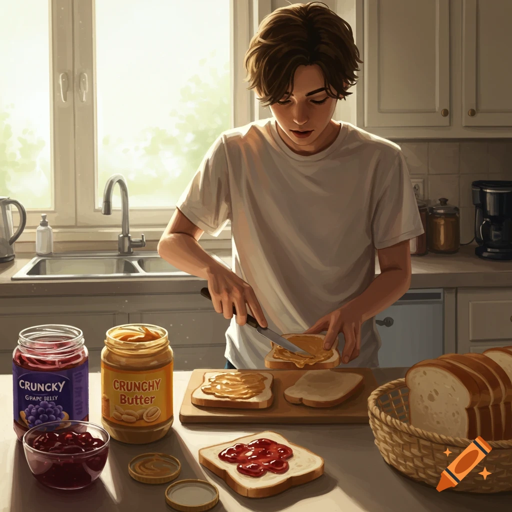 Preparing a peanut butter and jelly sandwich on Craiyon