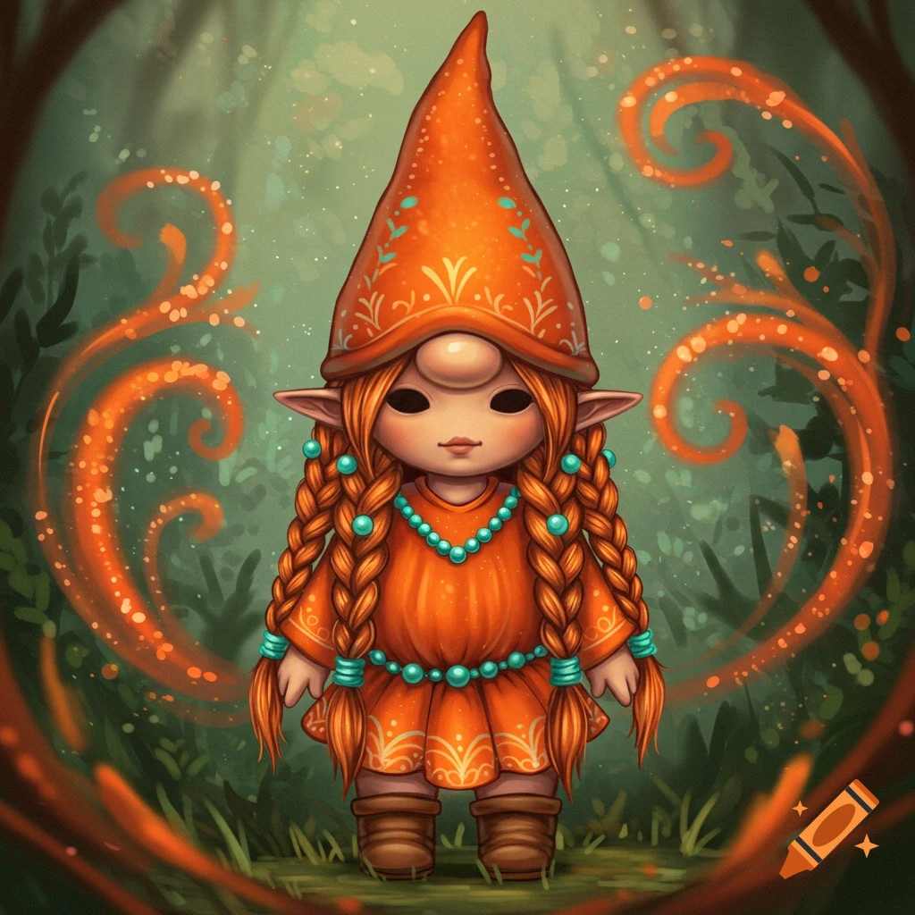 Cute fantasy illustration of a gnome with orange braids, an orange hat ...