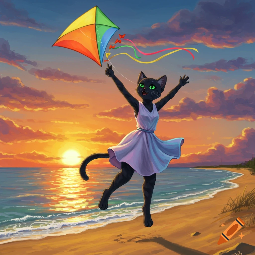 A black cat in a dress flies a colorful kite on a beach at sunset. on ...