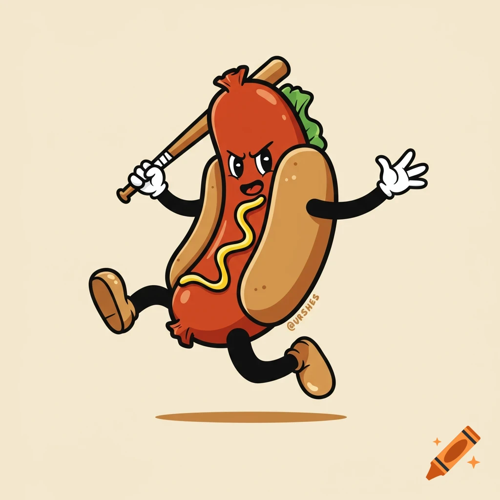 Stylized hot dog character logo with bat on Craiyon