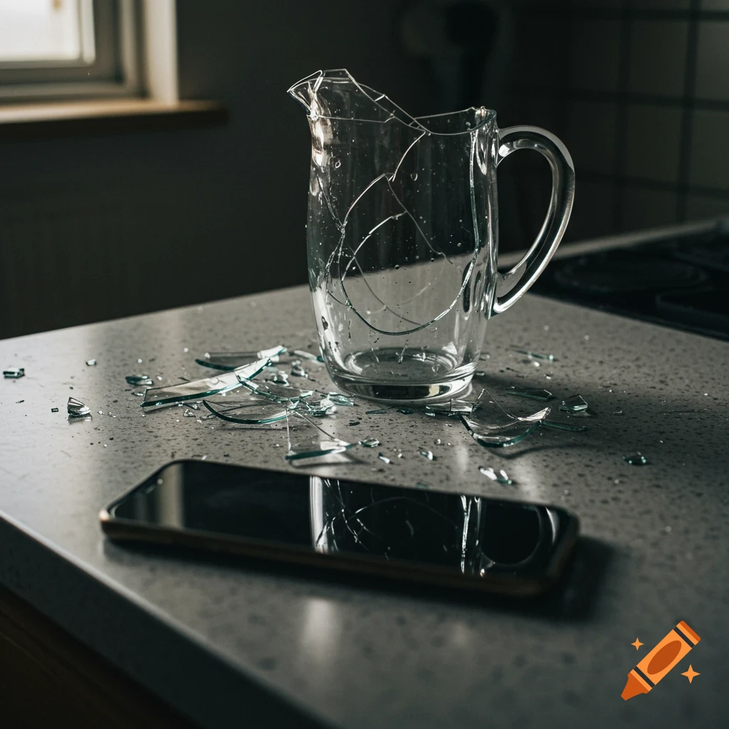 A broken glass pitcher and a cracked smartphone on a kitchen counter ...