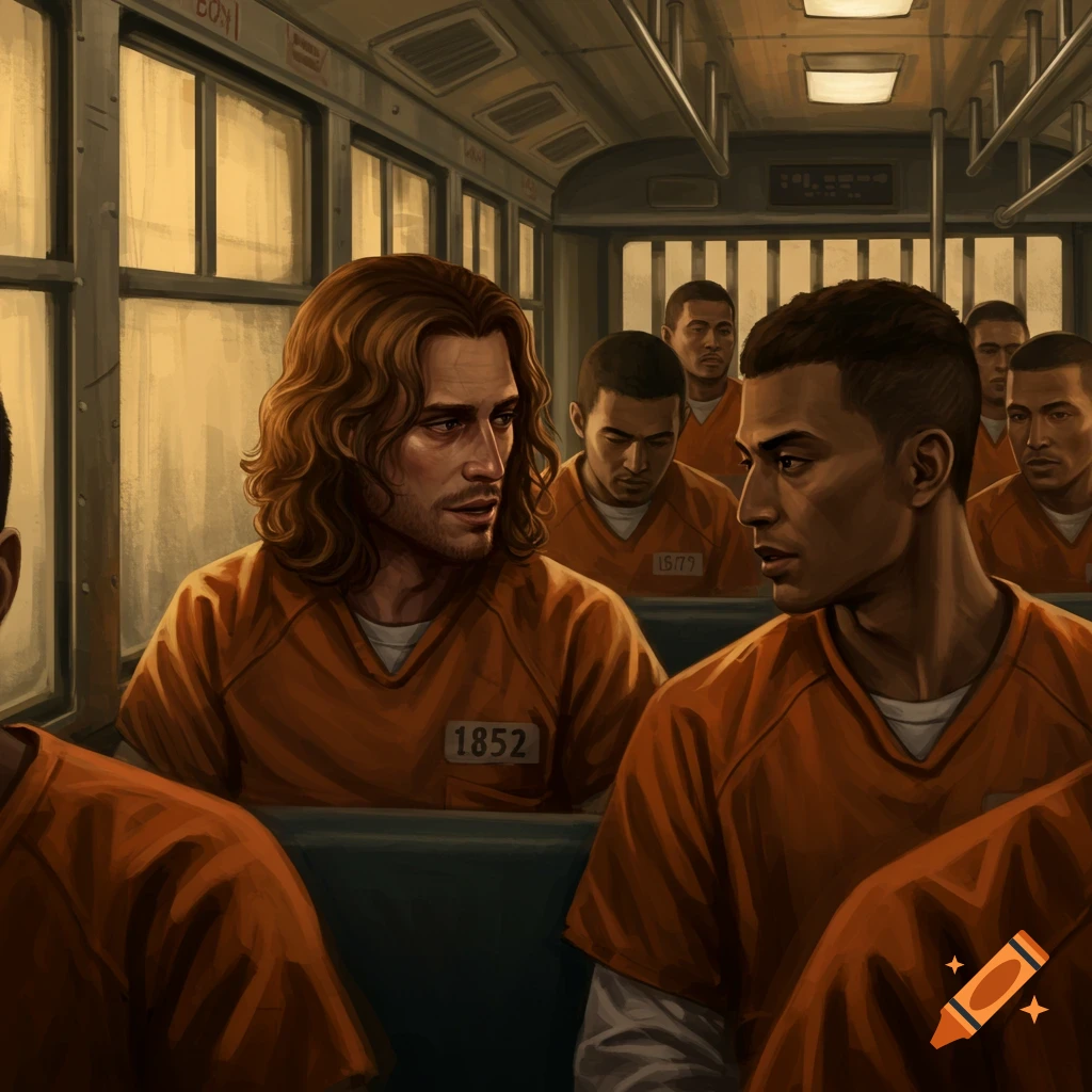 Illustration of men in orange jumpsuits talking on a prison bus. on Craiyon