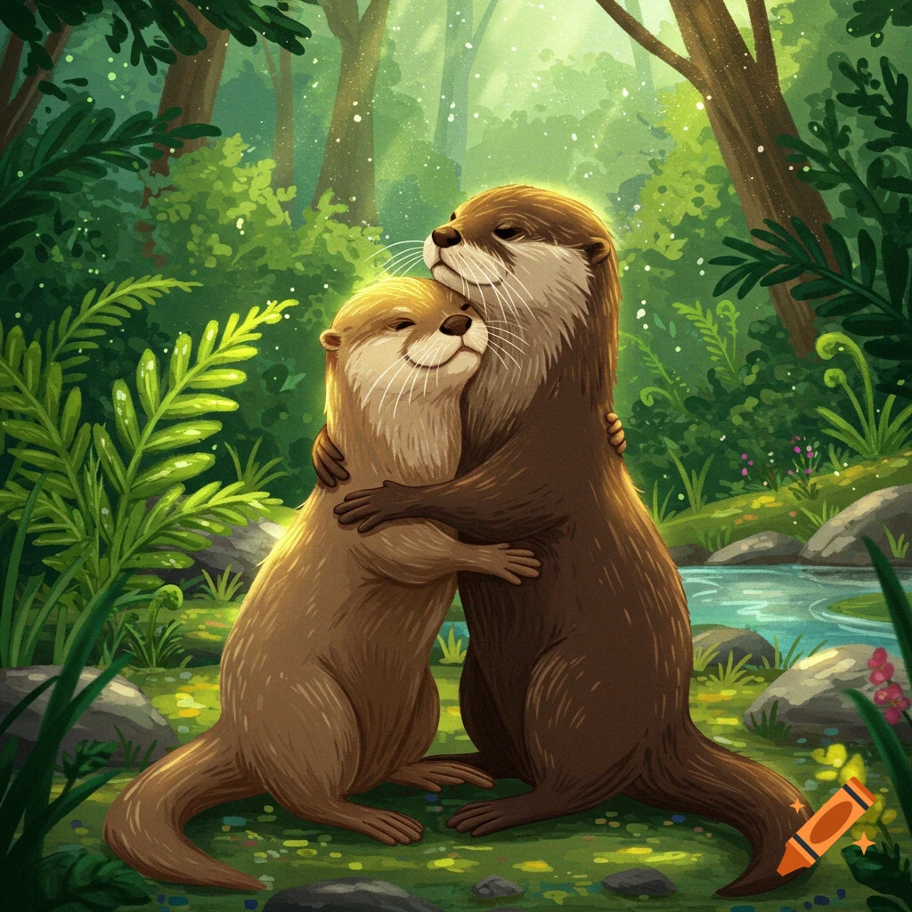 Two illustrated otters hugging in a sunny forest by a river. on Craiyon