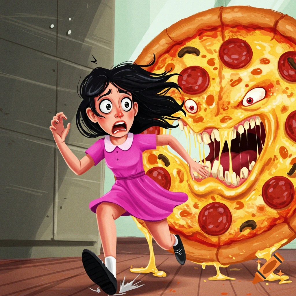 Cartoon illustration of a scared girl running from a monstrous pizza. on Craiyon