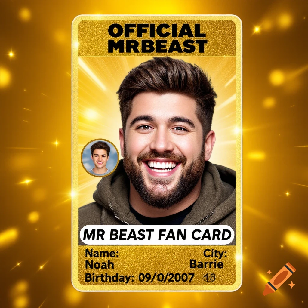 A gold fan card with a smiling man's face, a small circle portrait, and ...