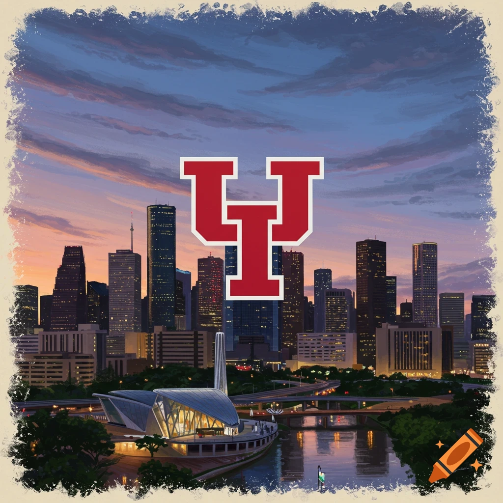 The Houston skyline at sunset with a large red UH logo overlaid. on Craiyon