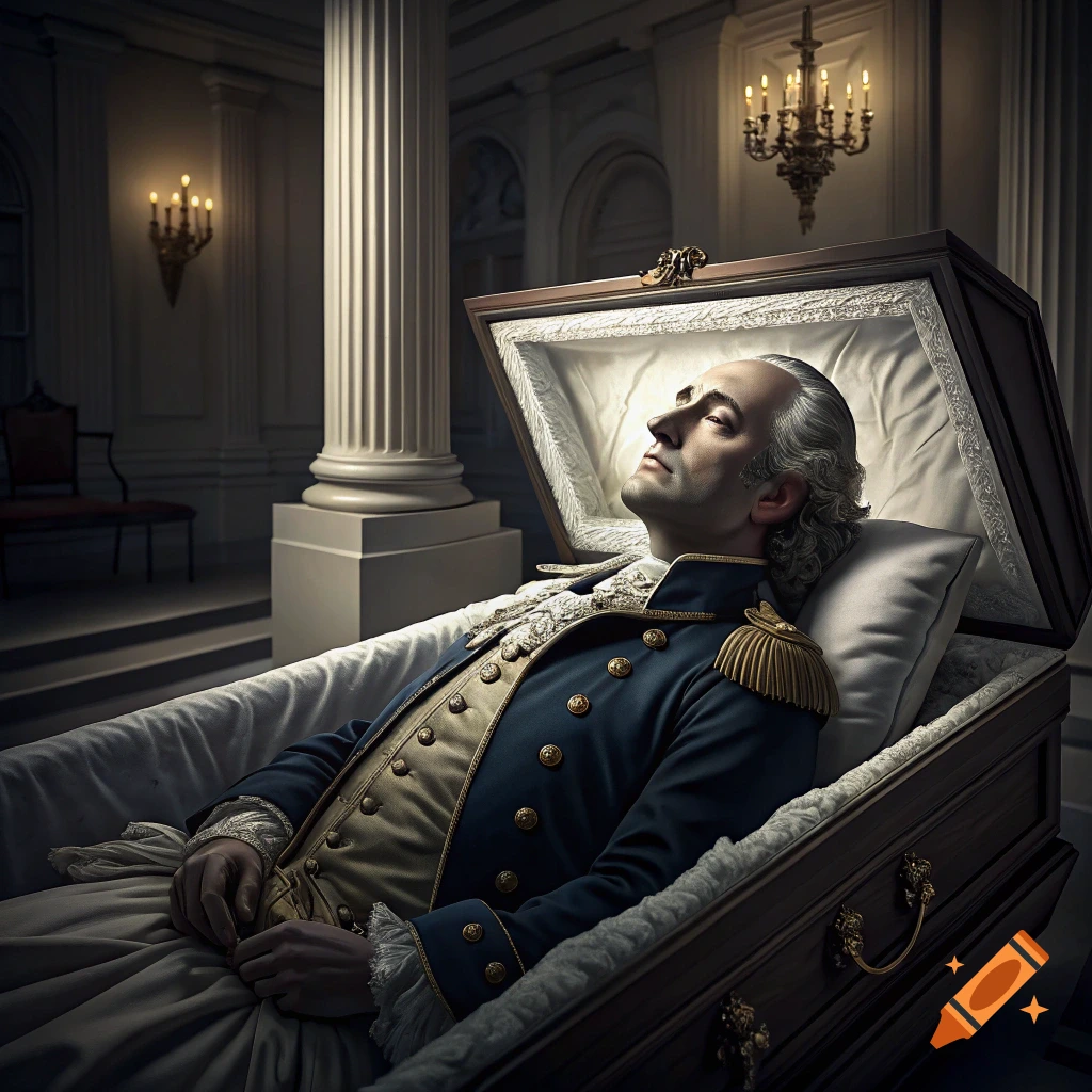Man in historical clothing lies in open coffin in grand room with ...