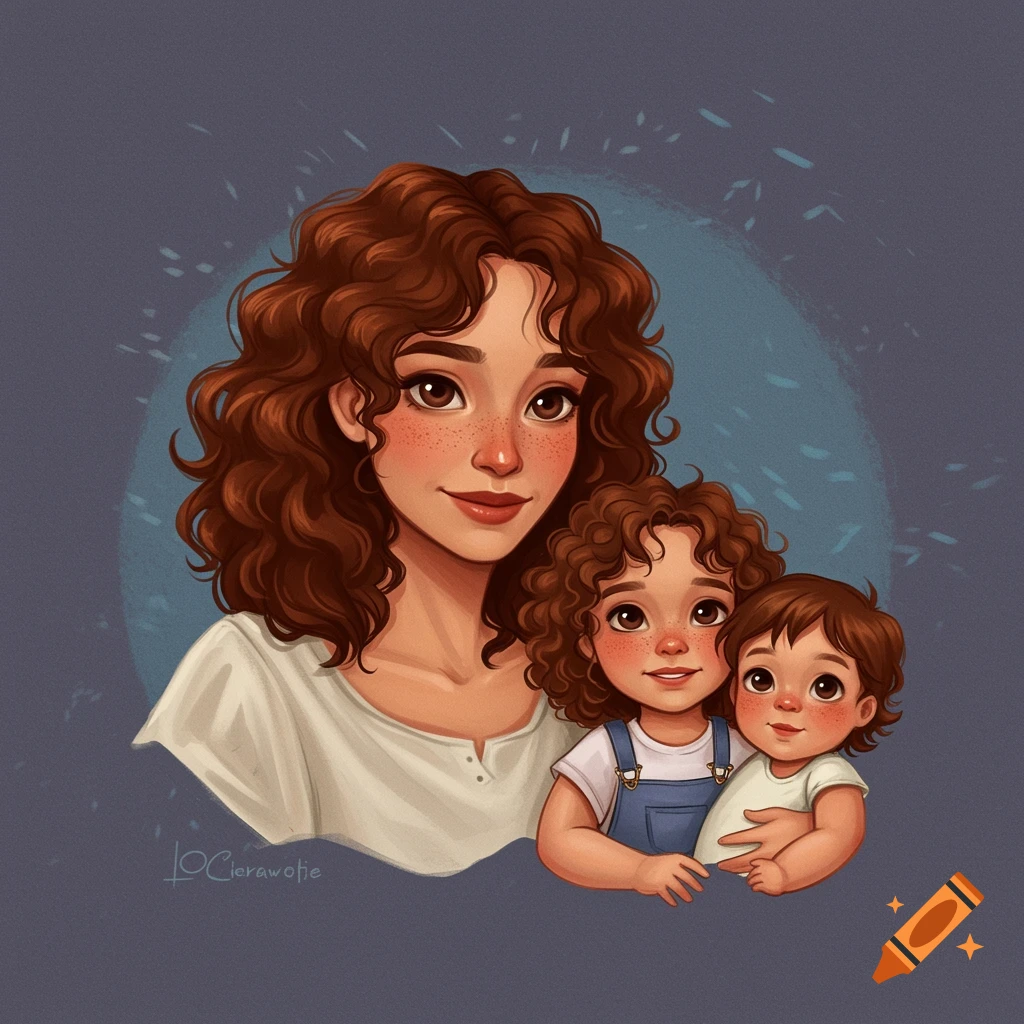 A stylized portrait illustration of a mother with curly brown hair holding two children with ...