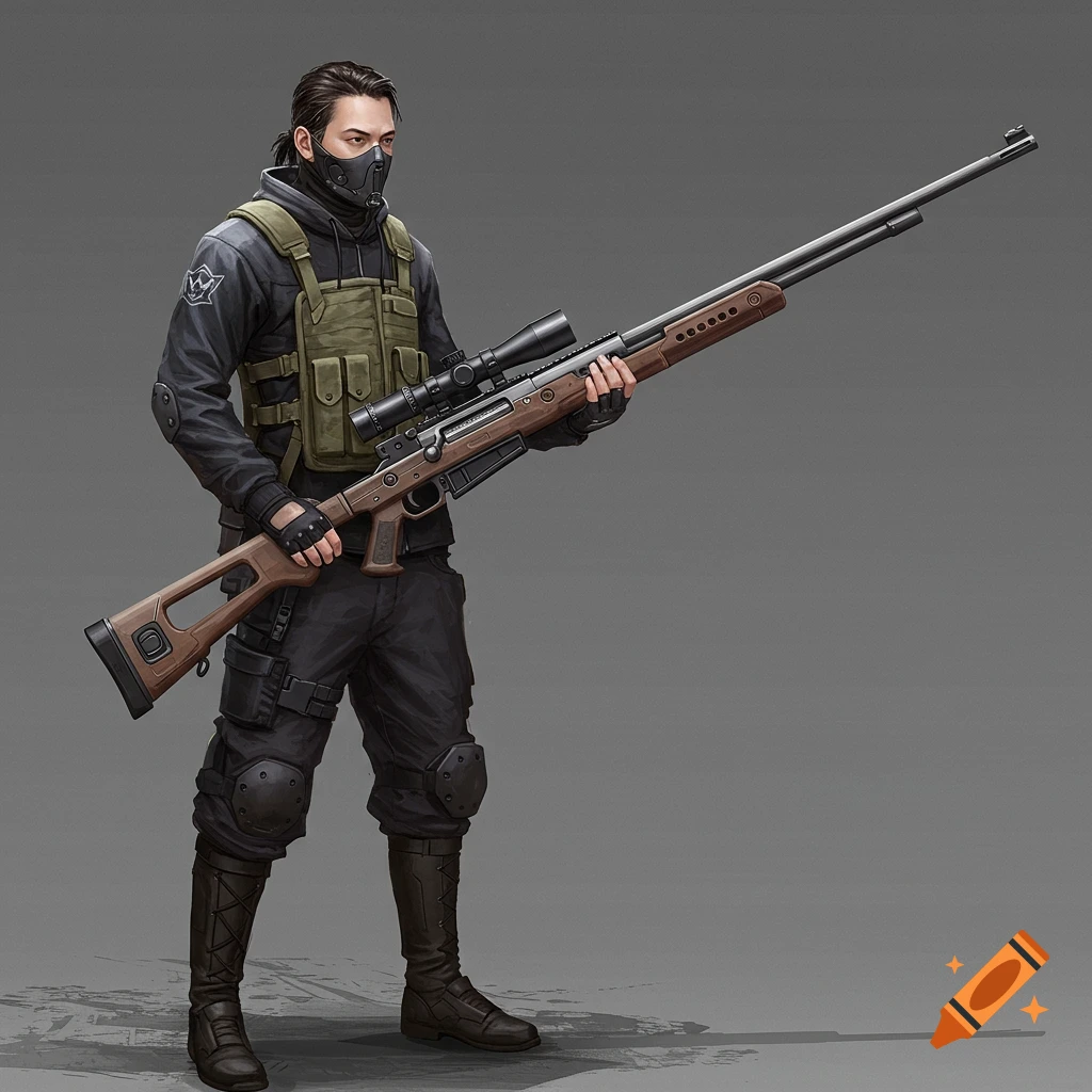 A person in tactical gear holds a large sniper rifle. on Craiyon