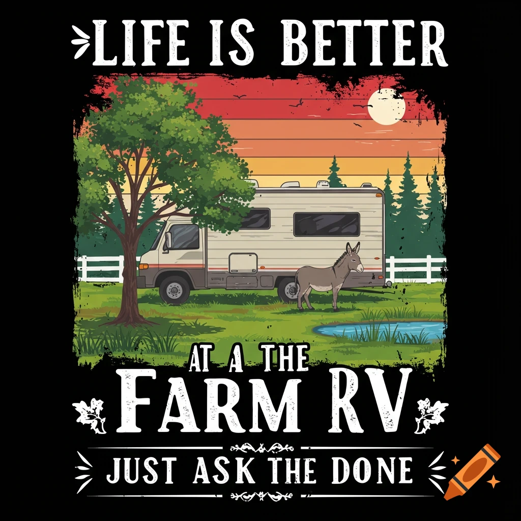 Life Is Better At The Farm RV artwork with donkey, trees, and pond. on ...