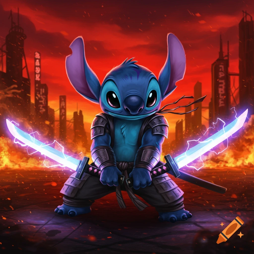 Cartoon alien Stitch in armor holds glowing swords in a burning city ...