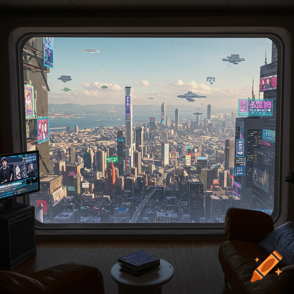 A large window overlooks a huge cyberpunk city with skyscrapers, flying ...