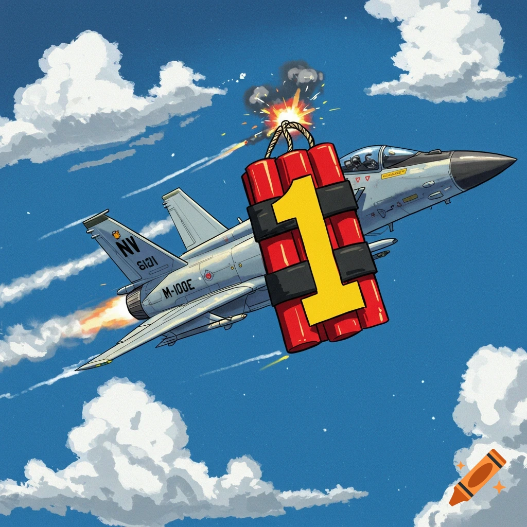 A cartoon jet plane flies while dropping a large stick of dynamite with ...