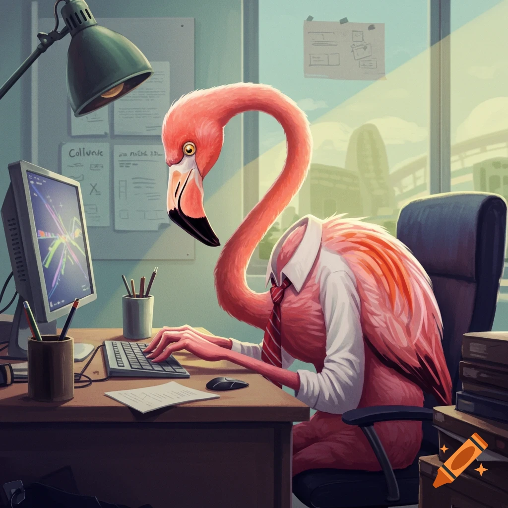Flamingo with broken neck at office desk on Craiyon