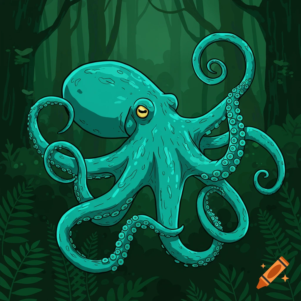 A teal octopus with yellow eyes in a dark green forest illustration. on ...