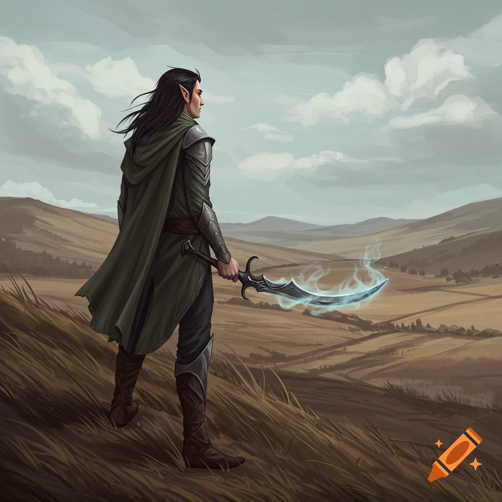 Fantasy illustration of an elf with a glowing sword looking over a ...