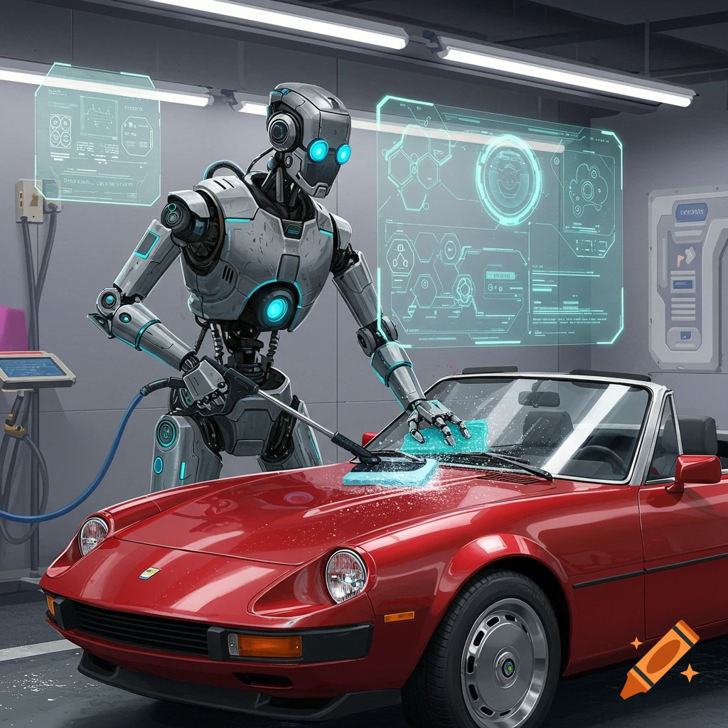 A robotic arm scanning a red car with a tablet in a garage. on Craiyon