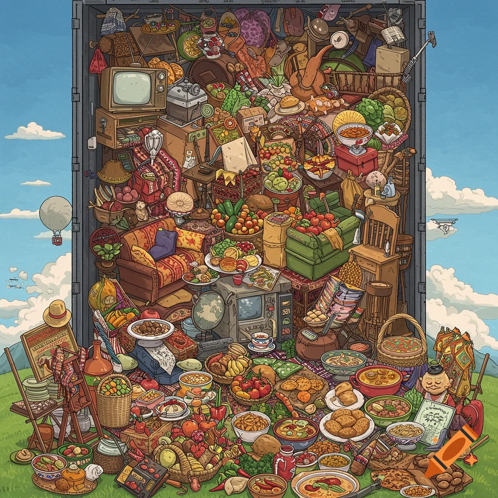 Giant container filled with assorted items, foods, furniture and ...