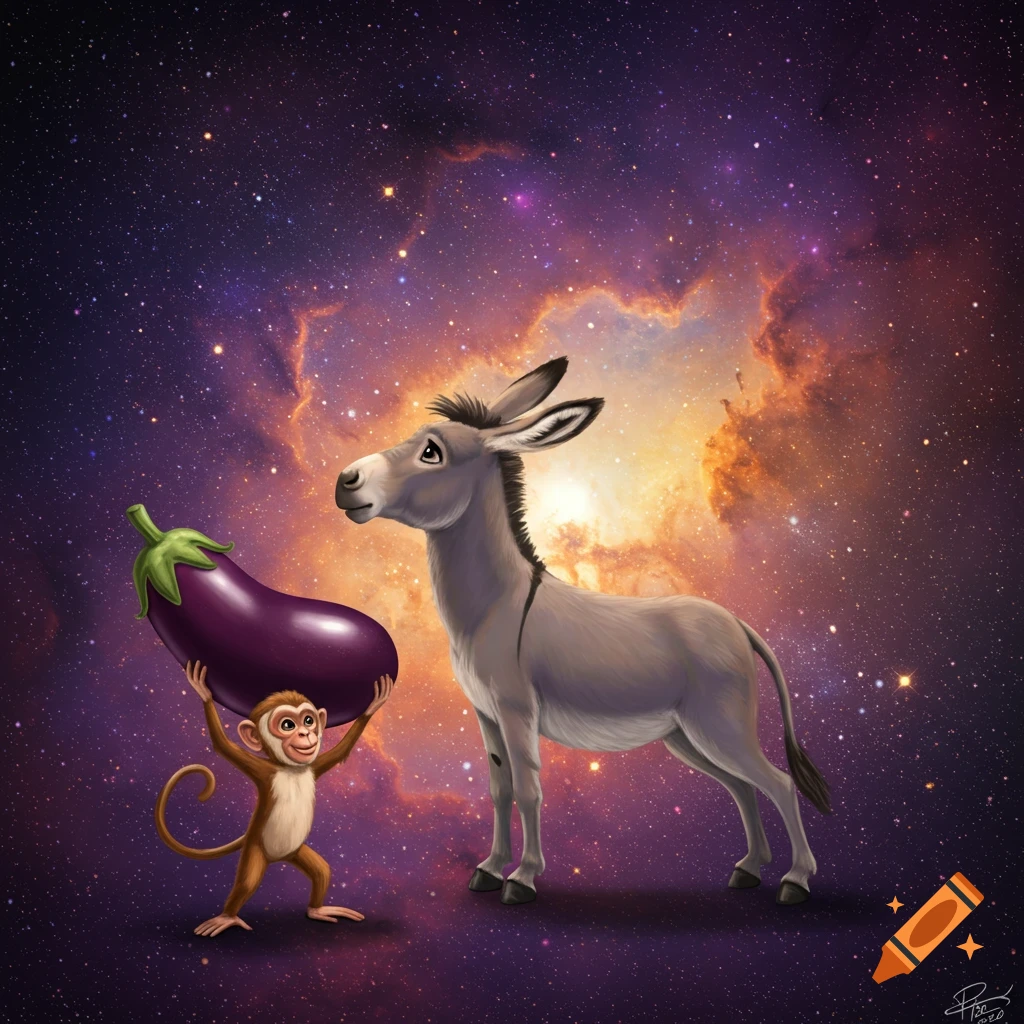 Donkey with Arabian monkey holding eggplant doing yoga in space on Craiyon