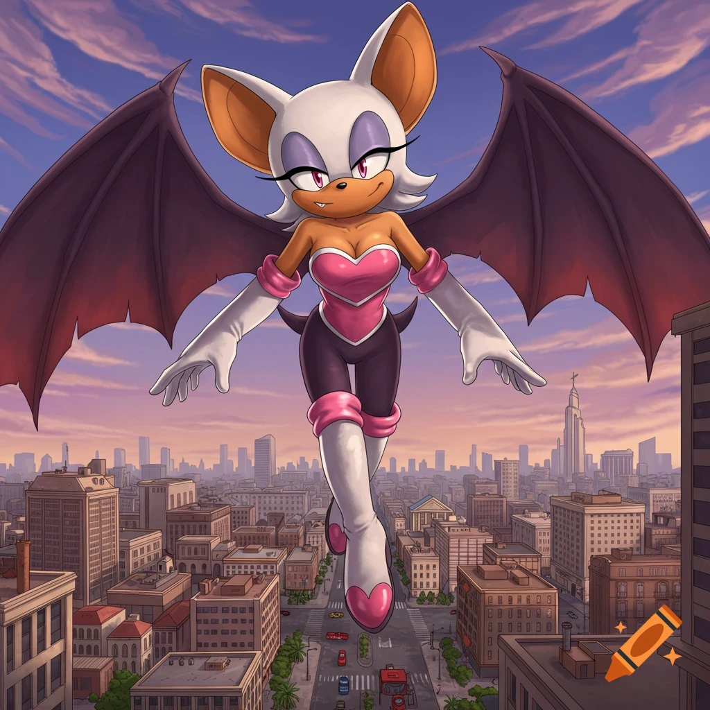 Giantess Rouge the Bat flies over a cartoon city on Craiyon