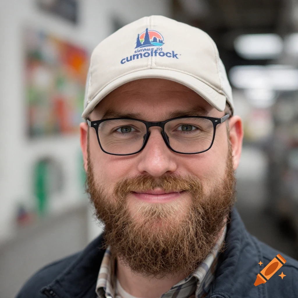 A close-up portrait of a man with a beard and glasses wearing a cap. on ...