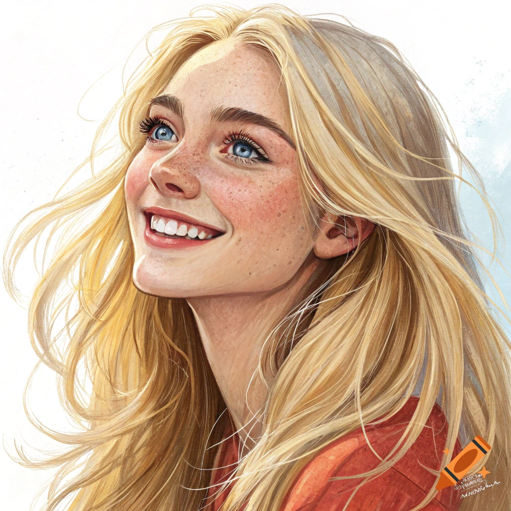 Digital painting of a young woman with blonde hair and blue eyes, smiling and looking up. on Craiyon