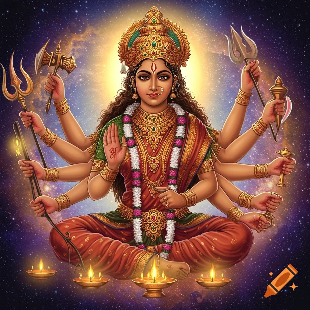 Multi-armed Hindu goddess sits cross-legged against a starry background ...