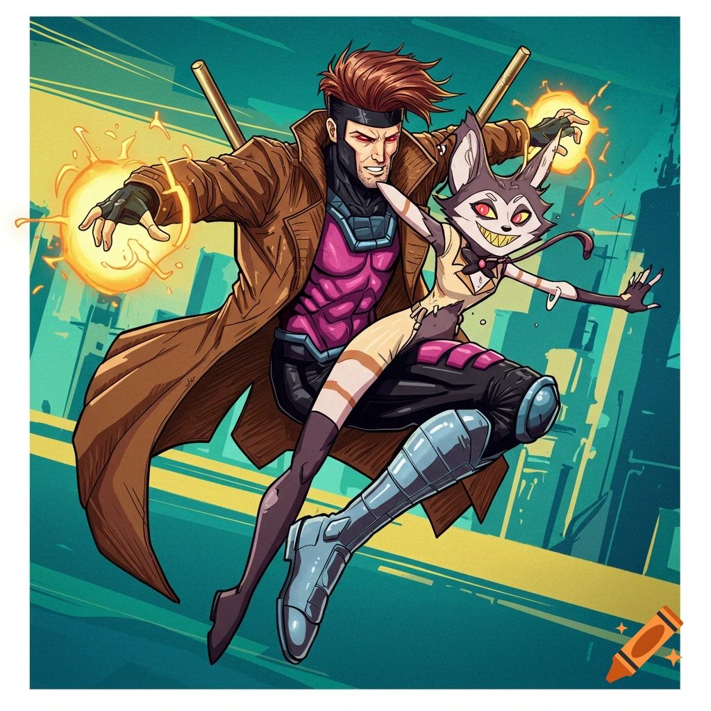 Comic art of Gambit and a feline character jumping with glowing energy ...