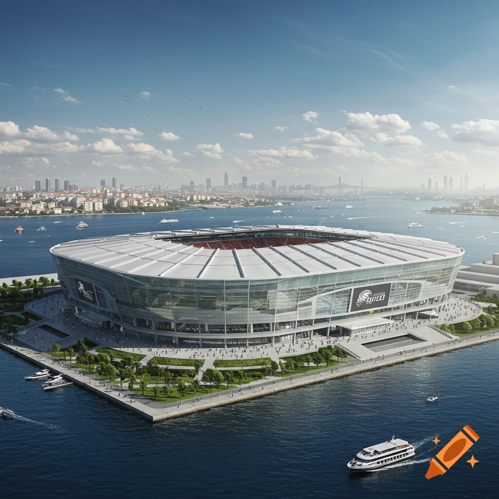 Soccer stadium in Istanbul by Marmara Sea with retractable roof on Craiyon