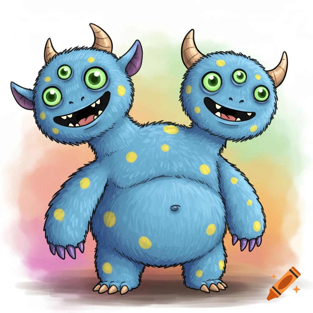 Adorable multi-headed monster with green eyes and multiple limbs on Craiyon