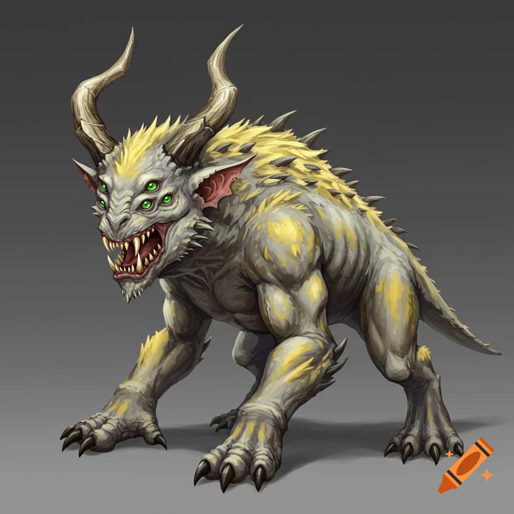 Yellow and gray furry monster with horns, four eyes, and claws on Craiyon