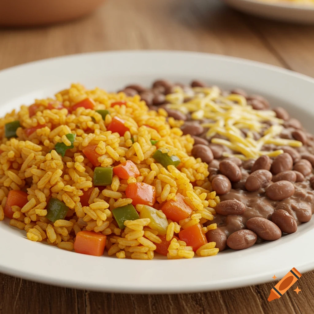 Bowl of Mexican rice and beans with lime wedges and chili on a wooden ...