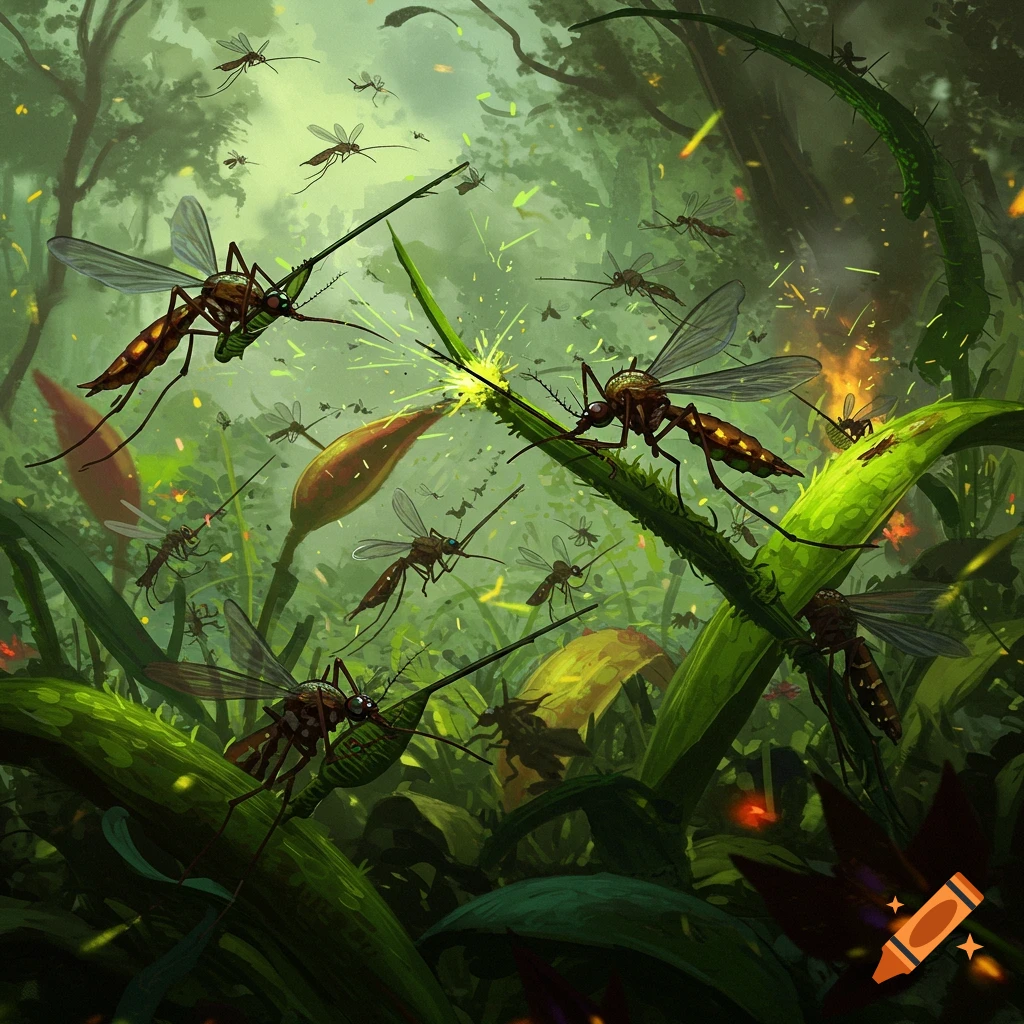 Mosquitoes fighting war scene depiction, potentially stylized or illustrative. Unclear medium ...