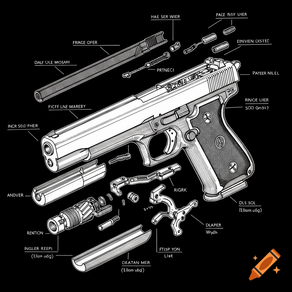 Exploded view diagram of pistol components on black background on Craiyon