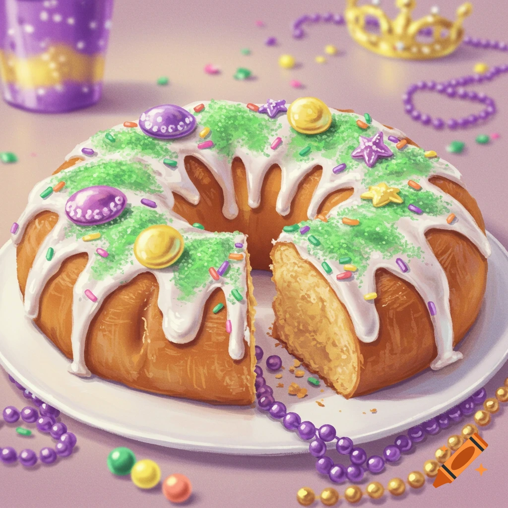 Mardi Gras King cake with white frosting, green sprinkles, and colorful ...