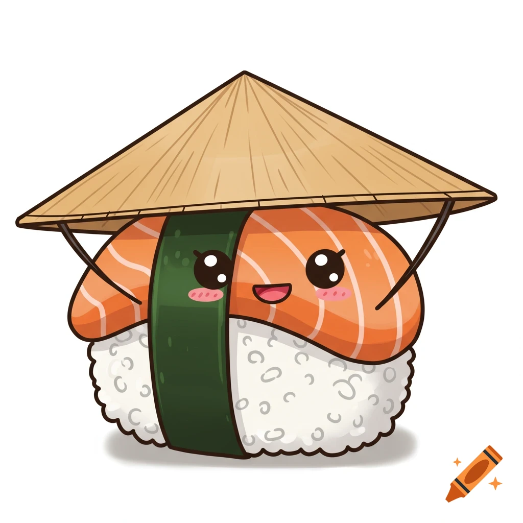 Cute anime sushi character wearing a cone-shaped straw hat. on Craiyon
