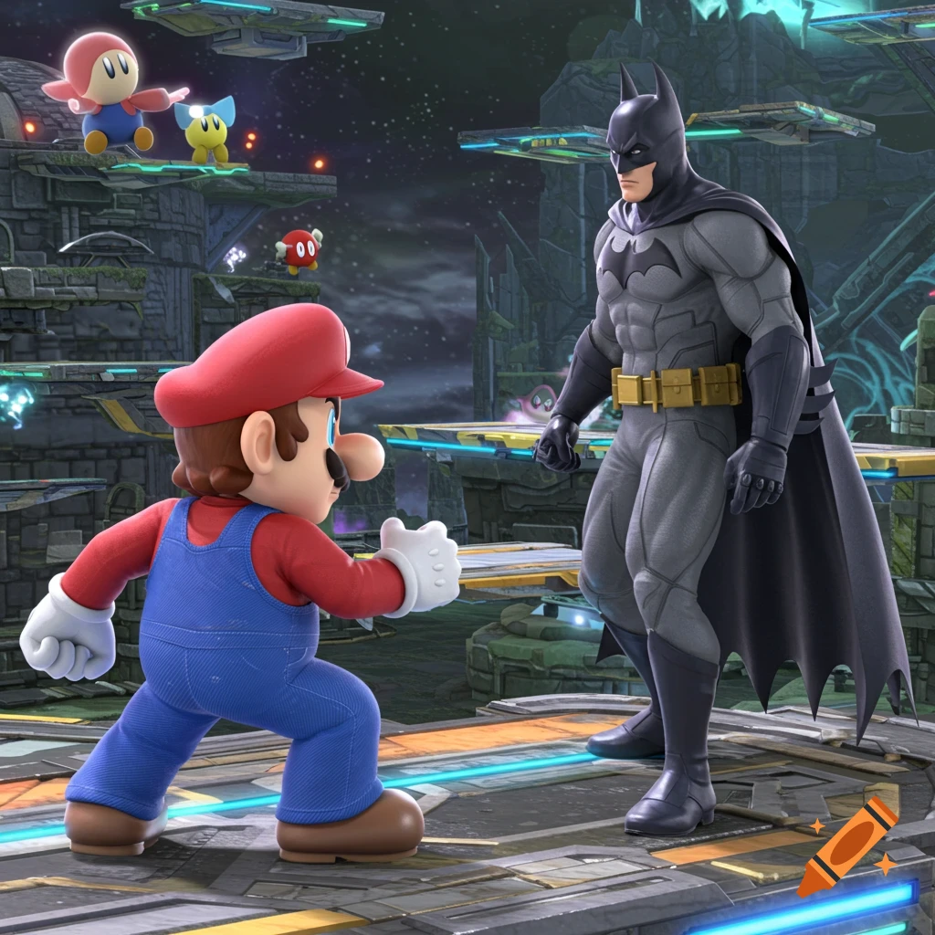Super Smash Bros Featuring Mario Vs Batman On Craiyon Super Smash Bros Featuring Mario Vs Batman On Craiyon