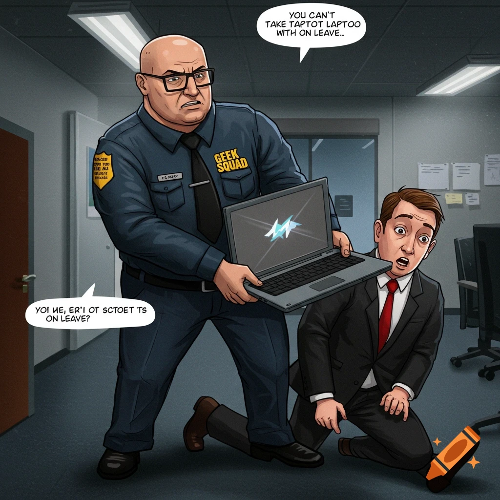 Geek Squad agent confiscating laptop from employee on Craiyon