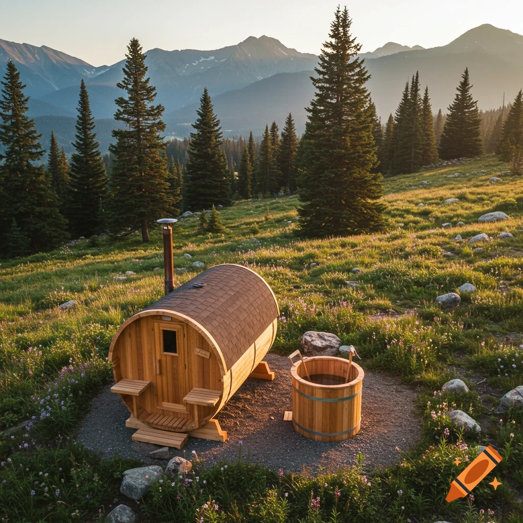 A wooden barrel sauna and cold plunge tub in a mountain meadow at ...