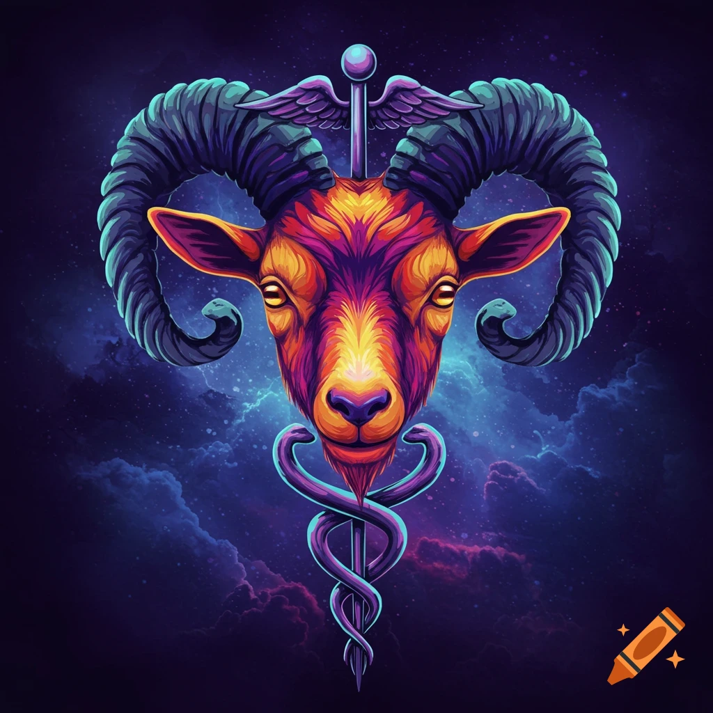 Goat head with medical caduceus on Craiyon